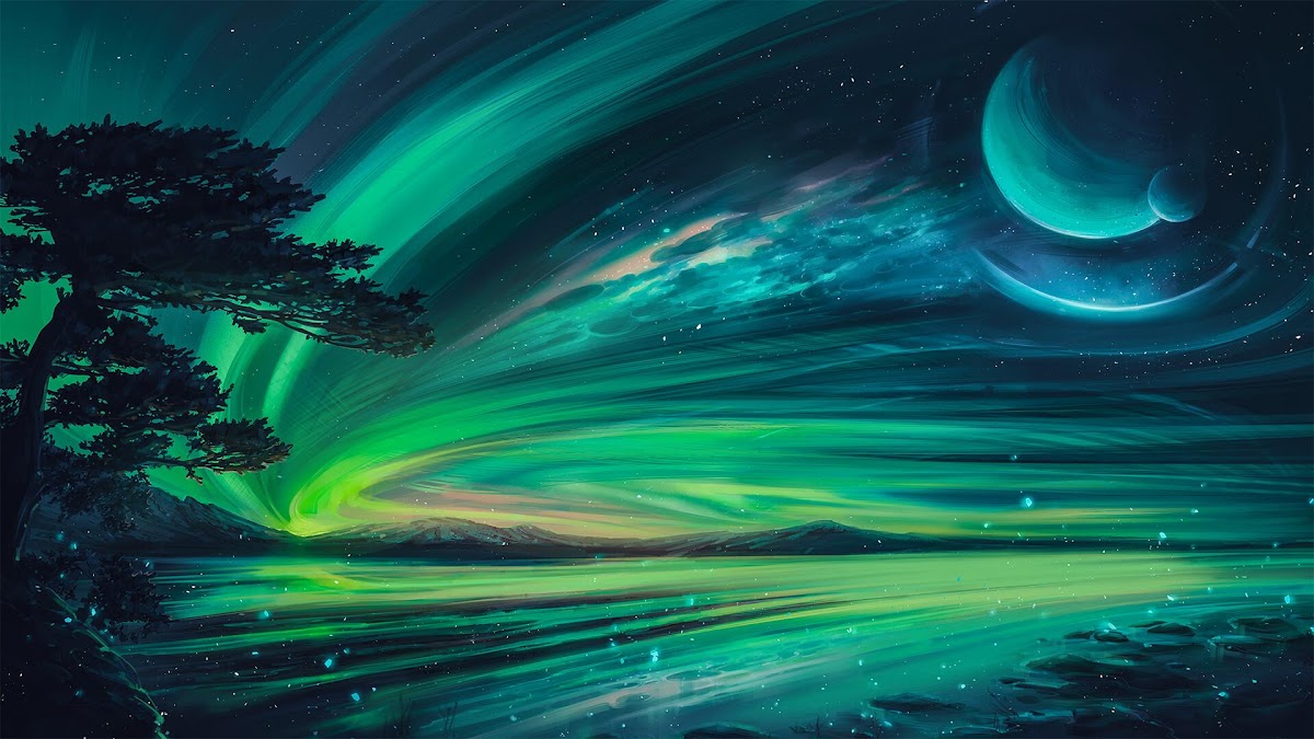 Vibrant Green Aurora Over Fantasy Planet Full HD Desktop Wallpaper