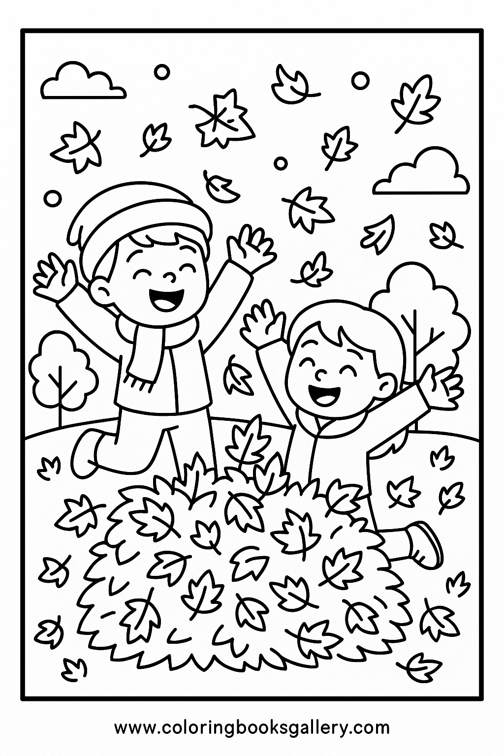 Children playing in autumn leaves – Free Printable Coloring Sheet for ...