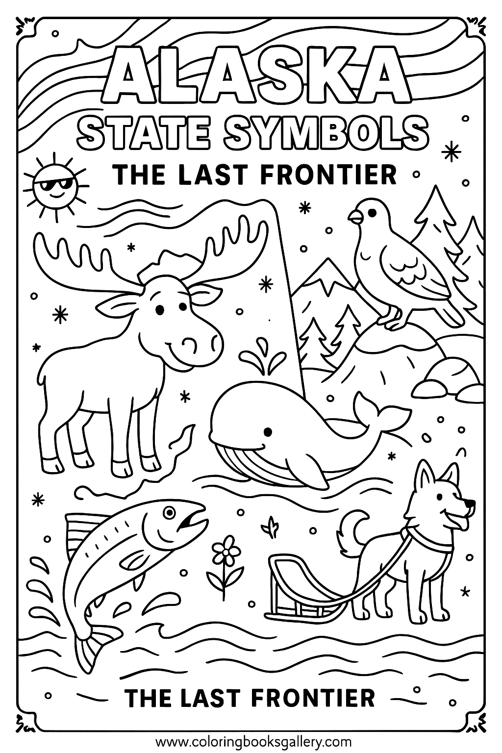 Alaska State Symbols – Simple Educational Printable Coloring Page for Kids