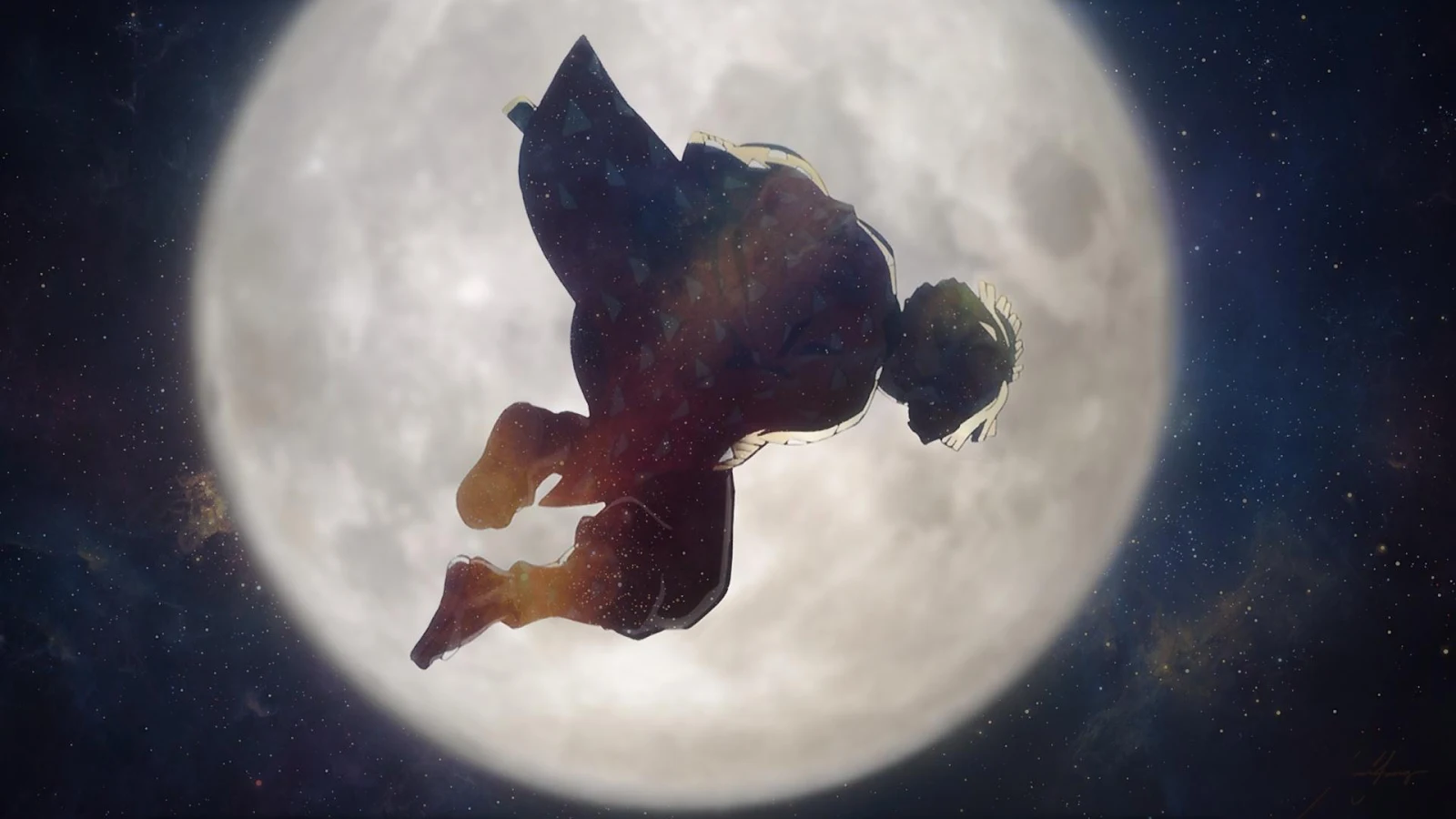 Zenitsu Falling Against The Full Moon Full HD Desktop Wallpaper