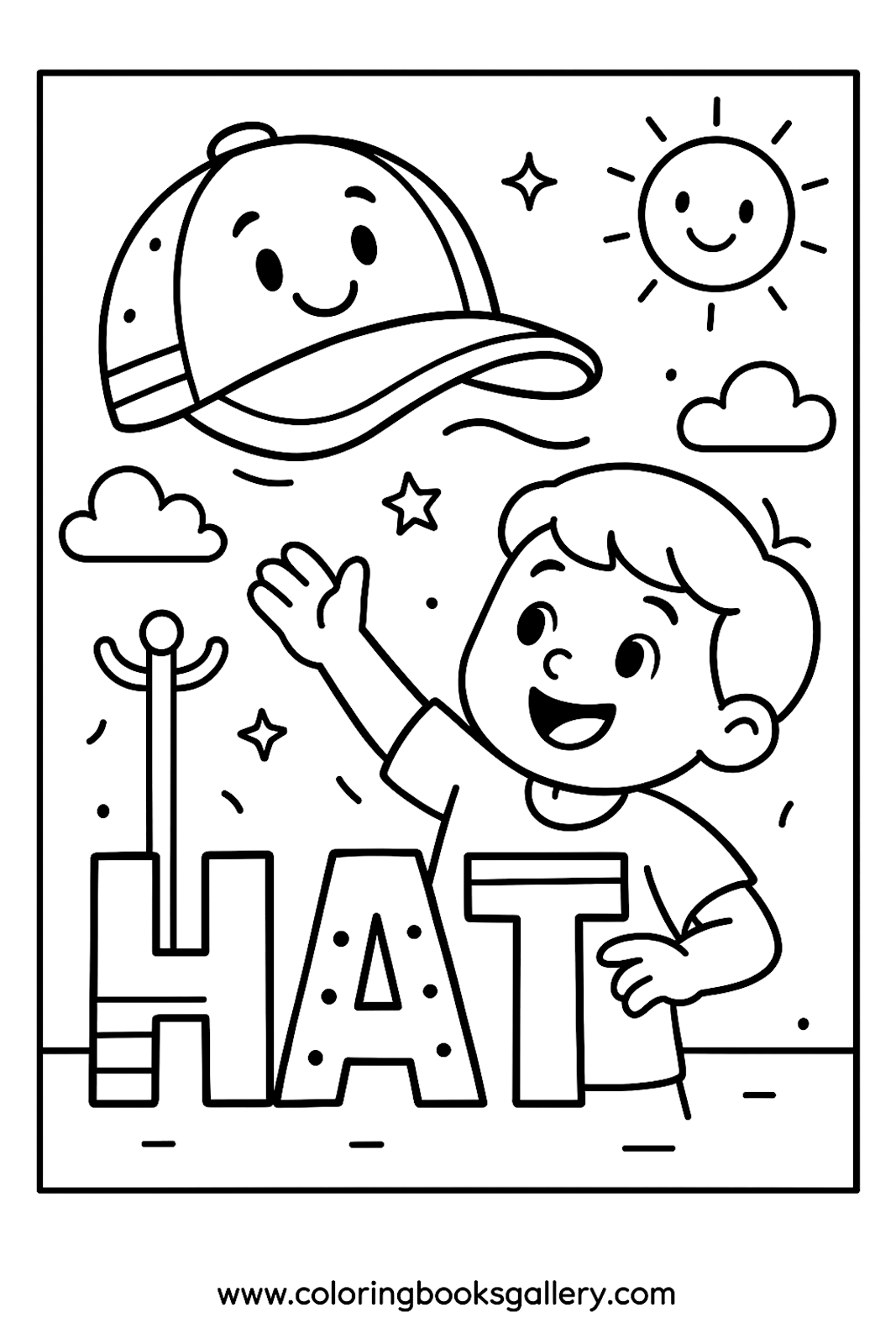 Fun coloring page to learn the English word 'Hat' for kids