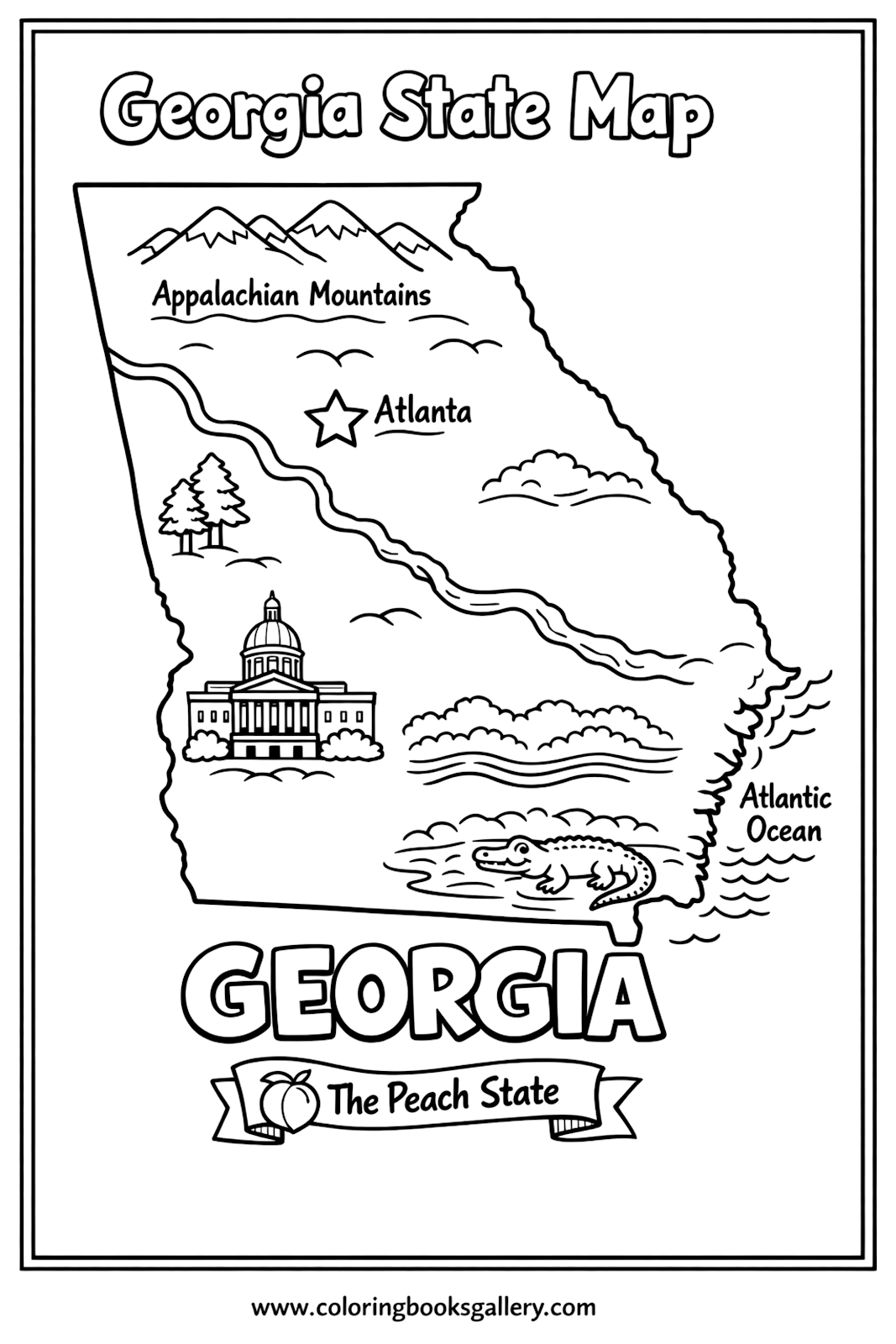 Georgia State Map for Kids – Simple Educational Printable Coloring Page ...