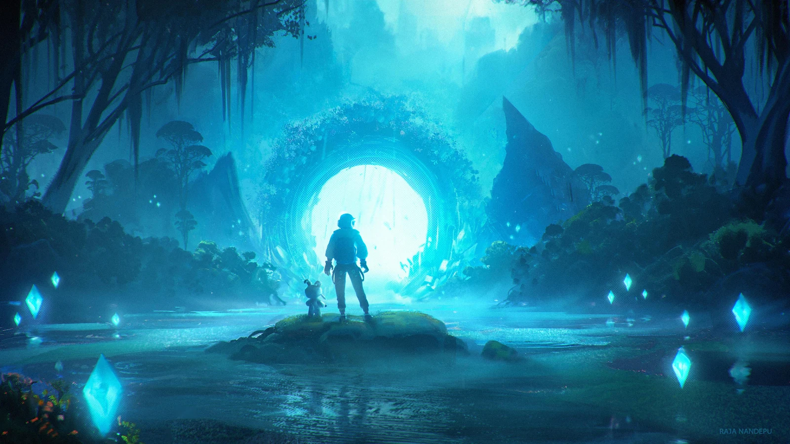 Adventurer And Companion By Glowing Portal 4K Desktop Wallpaper