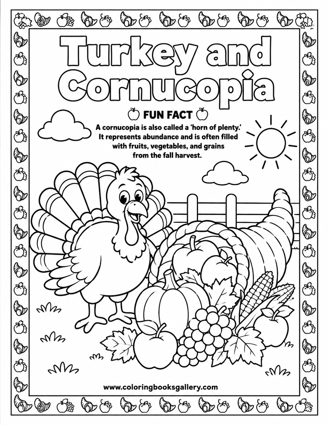 Turkey with Cornucopia Coloring Page – Free Printable Coloring Sheet ...