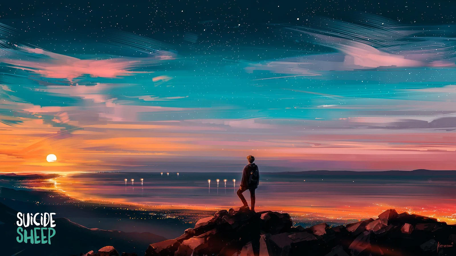 Lone Figure Under Vivid Twilight Sky Full HD PC Wallpaper