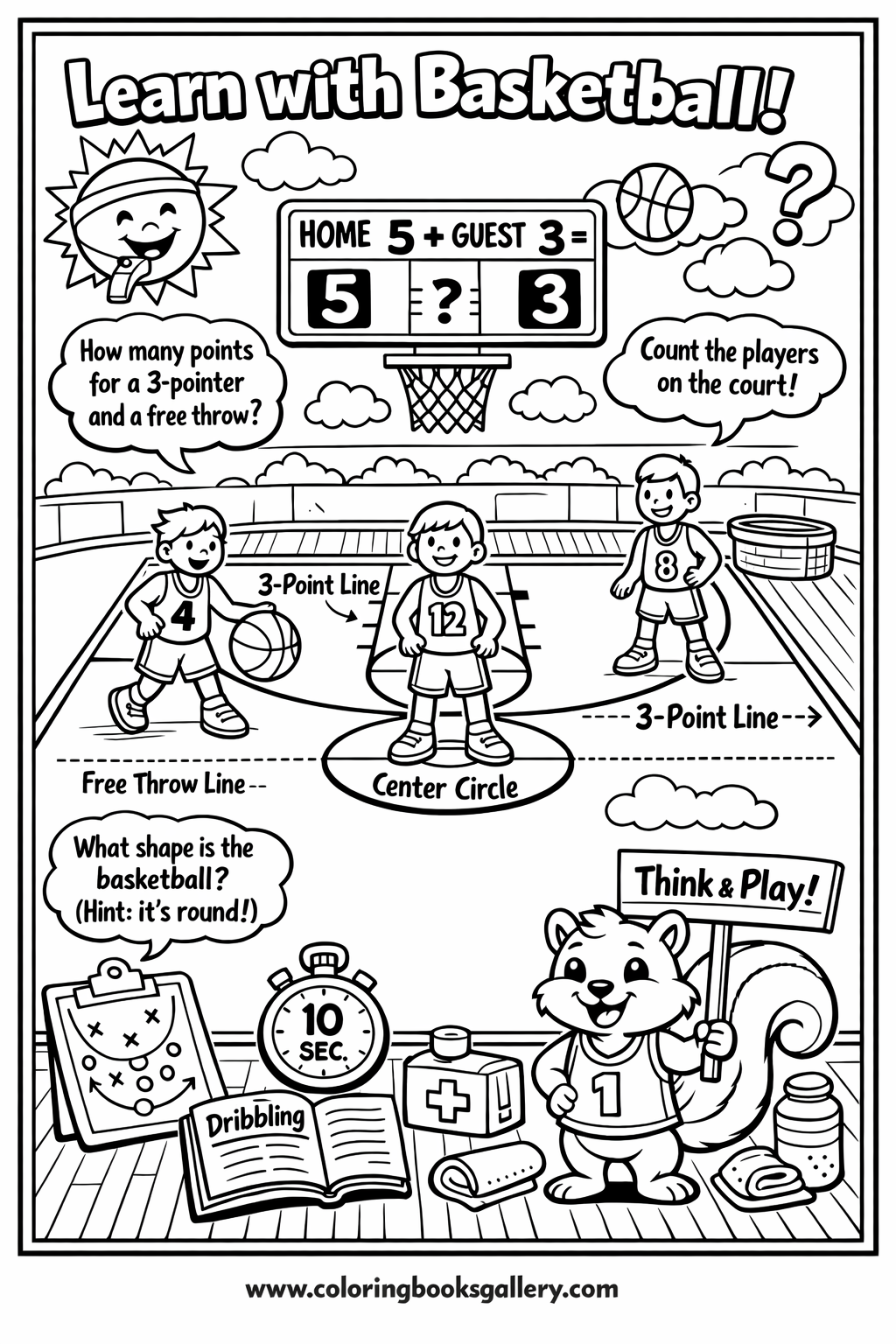 Basketball Game Learning Scene – Educational Coloring Fun