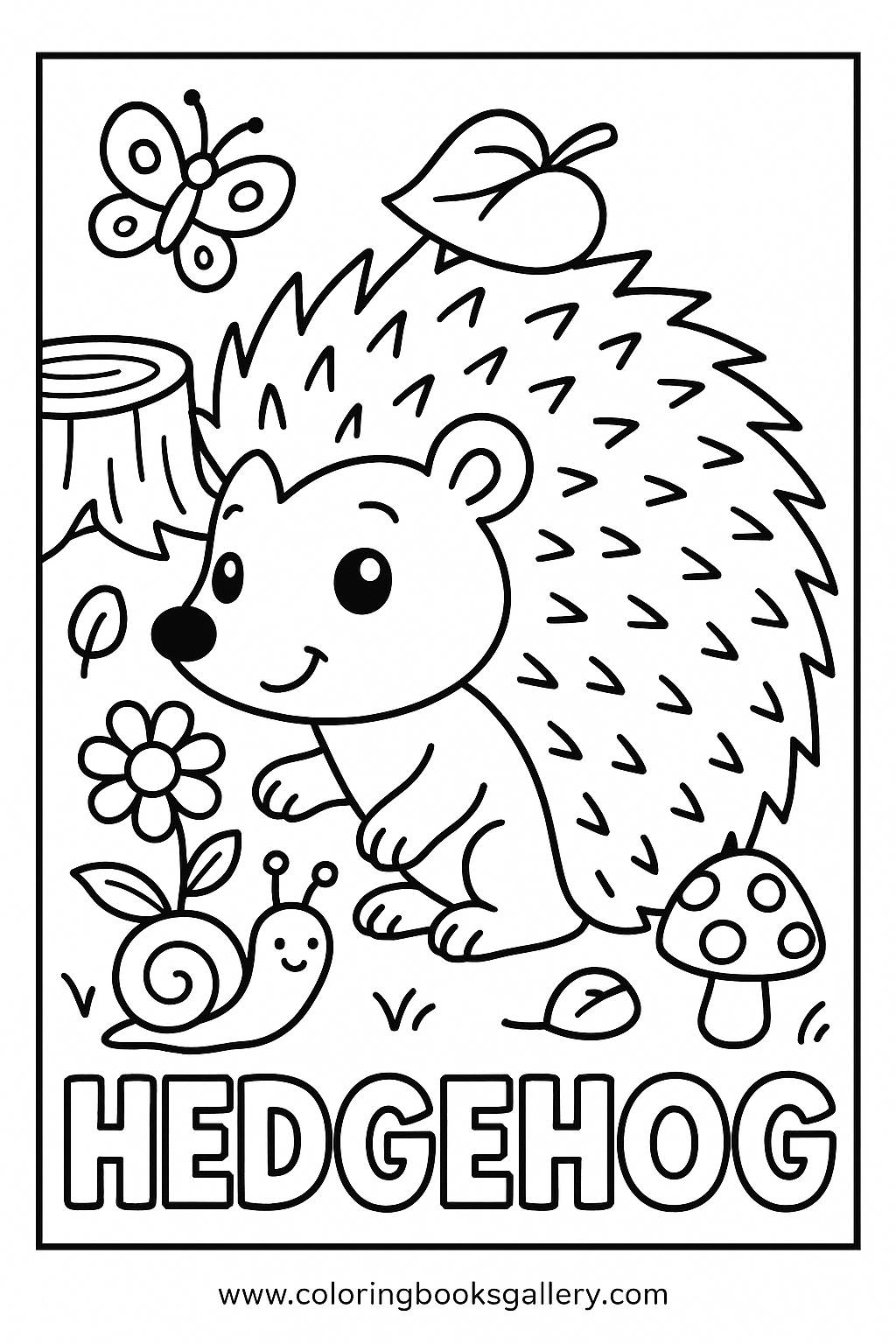 Fun coloring page to learn the English word 'Hedgehog' for kids