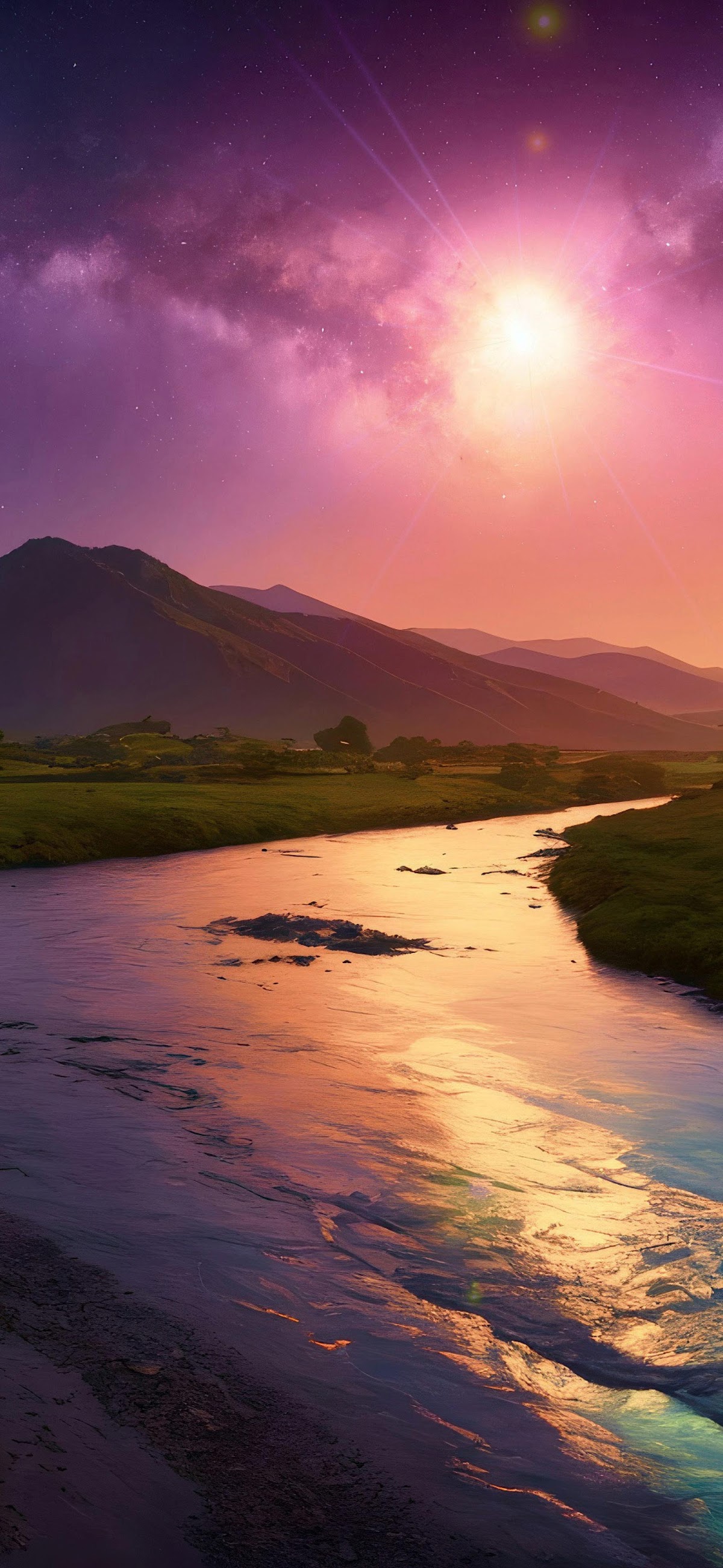 Ethereal River Under Purple Sky 2K iPhone Wallpaper