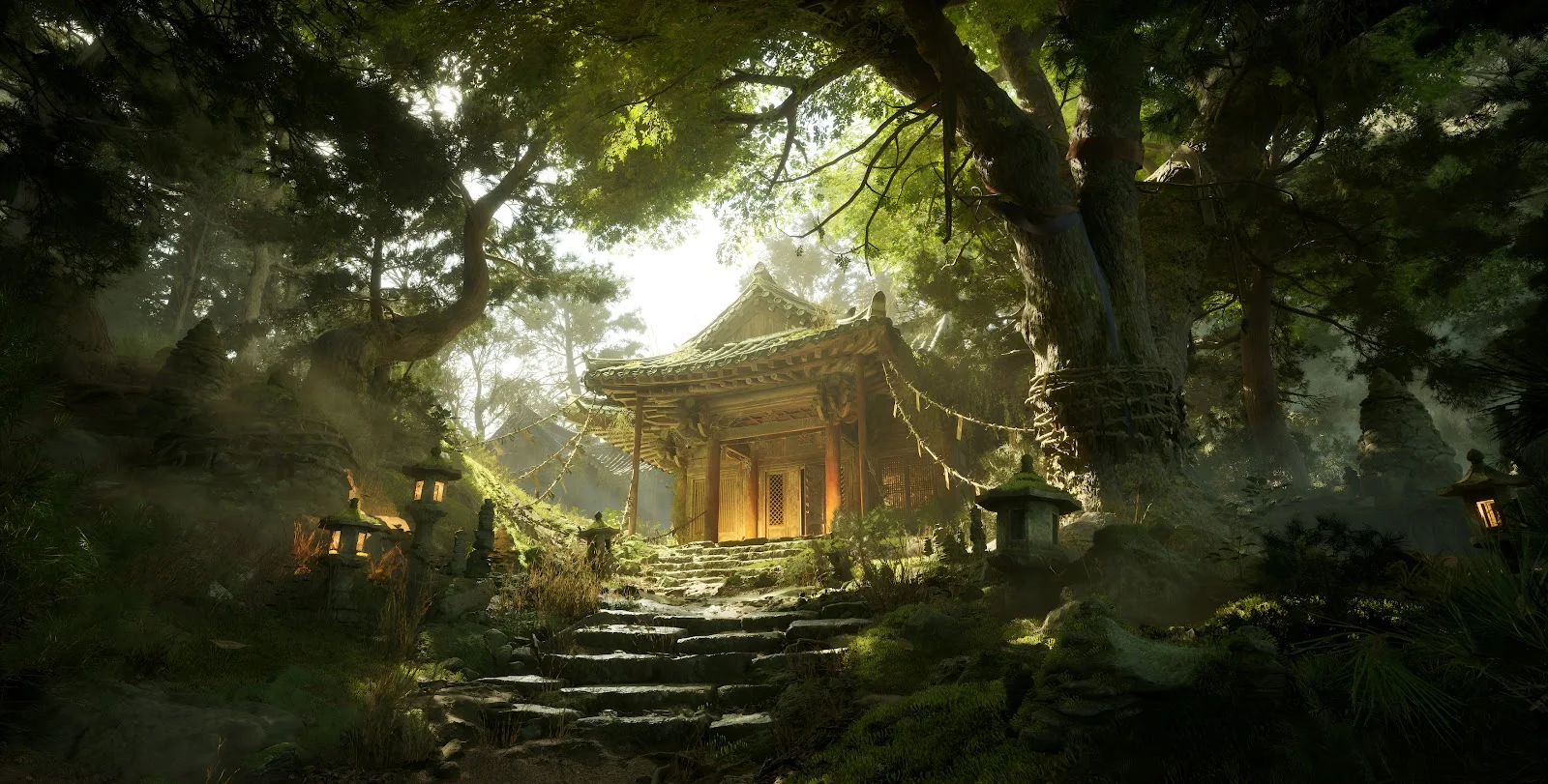 Mystical Temple Path In The Forest 4K PC Wallpaper