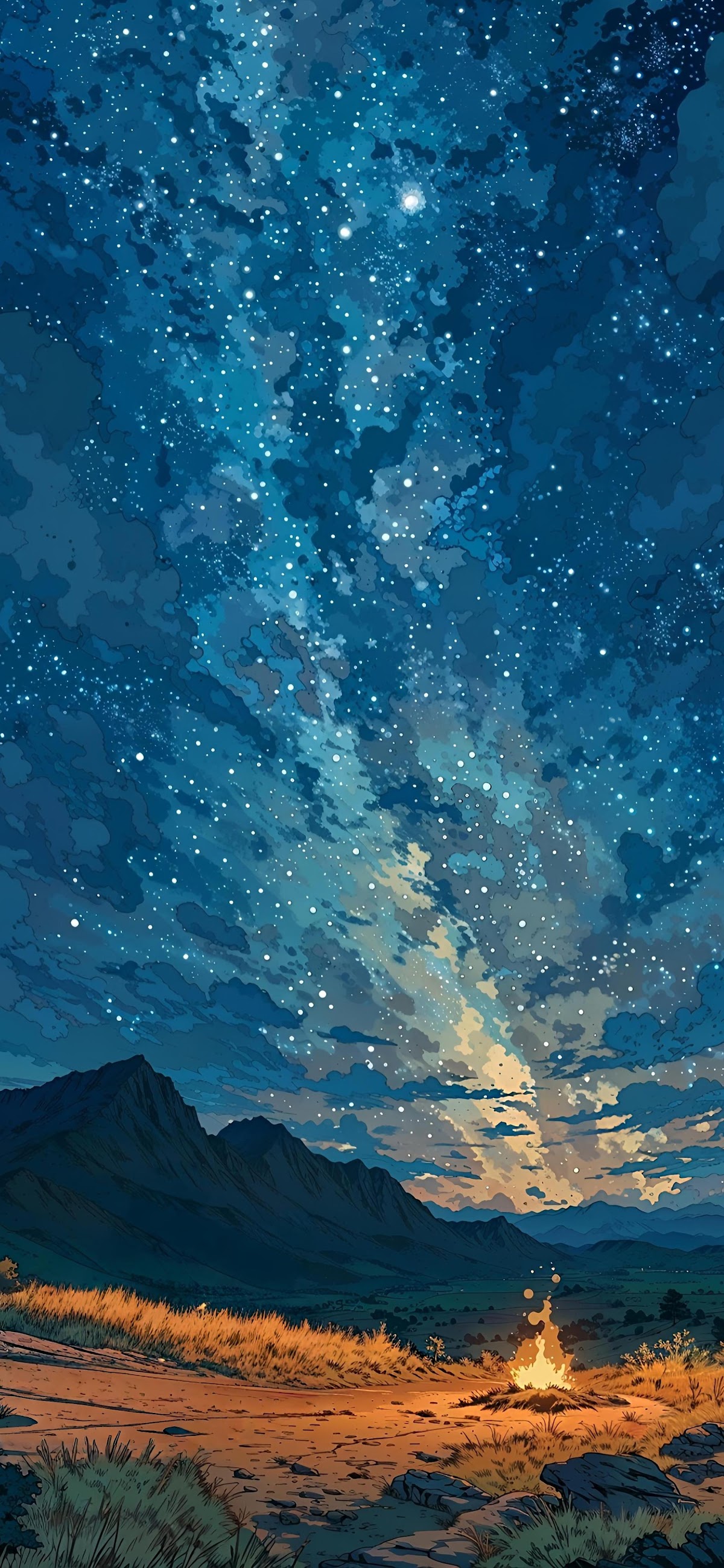Campfire Under The Vibrant Night Sky 2K iPhone Wallpaper