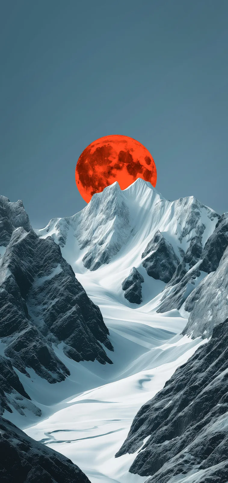 Mountain Landscape, Red Moon, Snow Peak, Winter Scenery iPhone Wallpaper