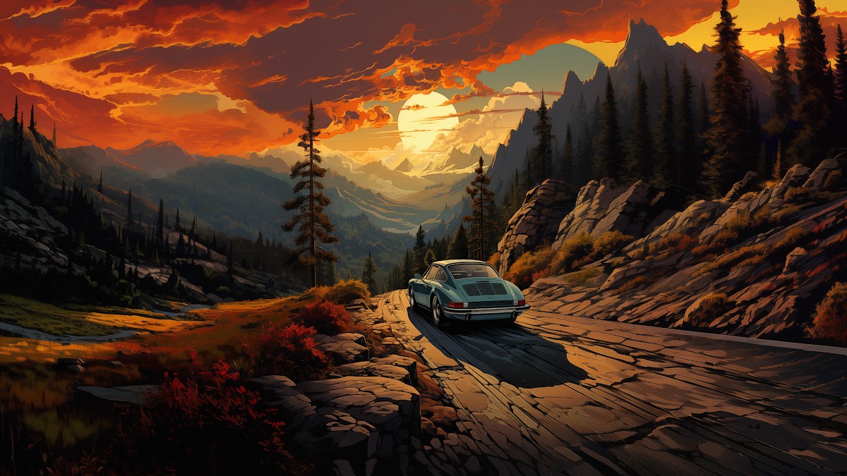 Ai Art, Car, Vehicle, Rear View, Mountains 4K Wallpaper