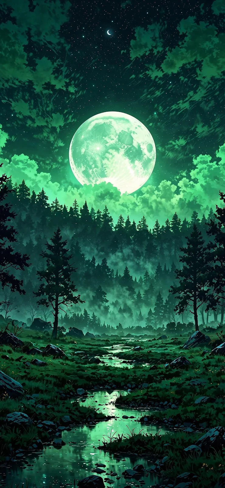 Magical Green Forest Under Full Moon Full HD iPhone Wallpaper