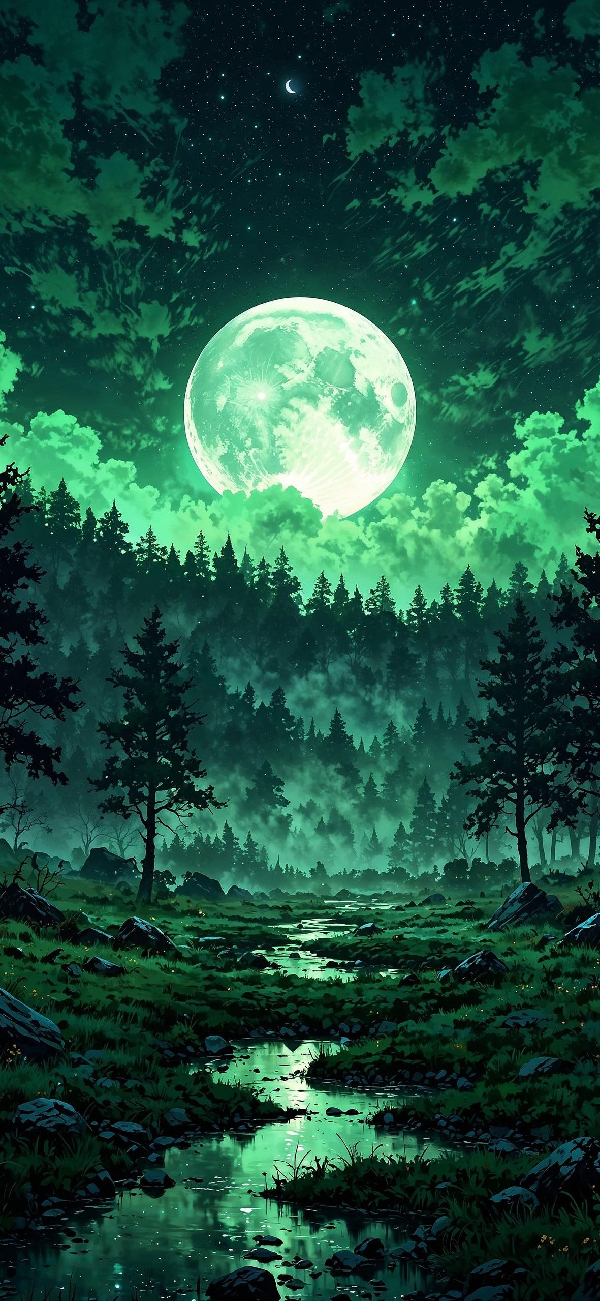 Magical Green Forest Under Full Moon Full HD iPhone Wallpaper