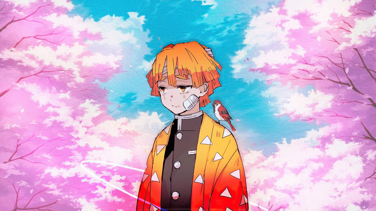 Zenitsu Under Cherry Blossom Sky 4K Desktop Wallpaper