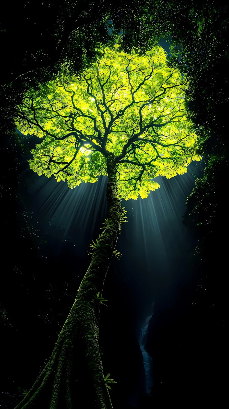 Mossy Tree Trunk Glowing Brightly 2K iPhone Wallpaper