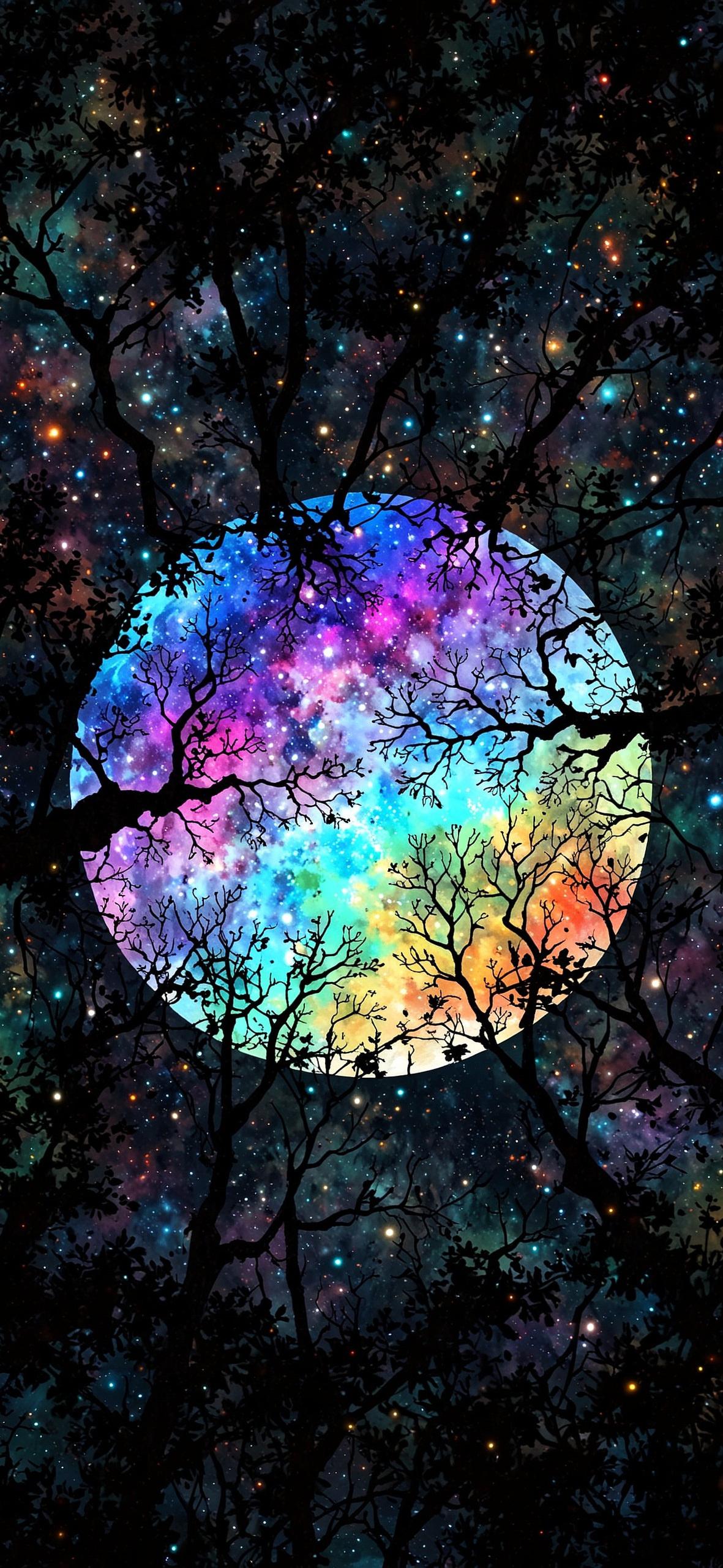 Rainbow Galaxy Behind Dark Trees Full HD iPhone Wallpaper