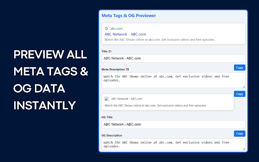 SEO Meta Tags & OG Previewer - mekjdhoenipabelfjjhgmoccjpllinkk - Extpose