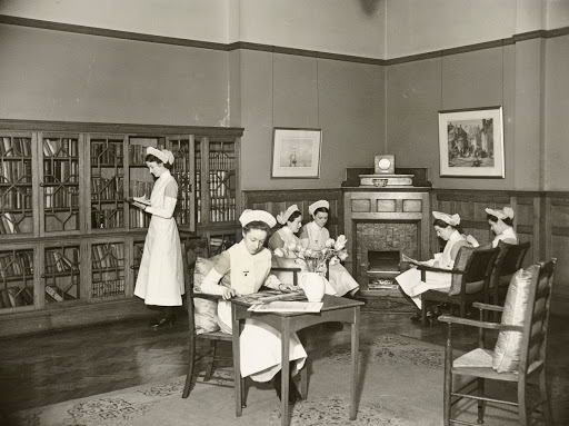 Nurses in the library at Liverpool Royal Infirmary, Pembroke Place ...