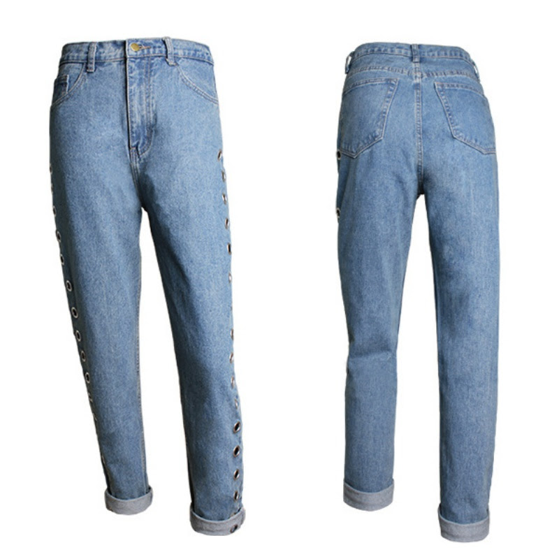Female Hot Style Jeans Rivets Ripped High Waist Jeans Straight Eyelet ...