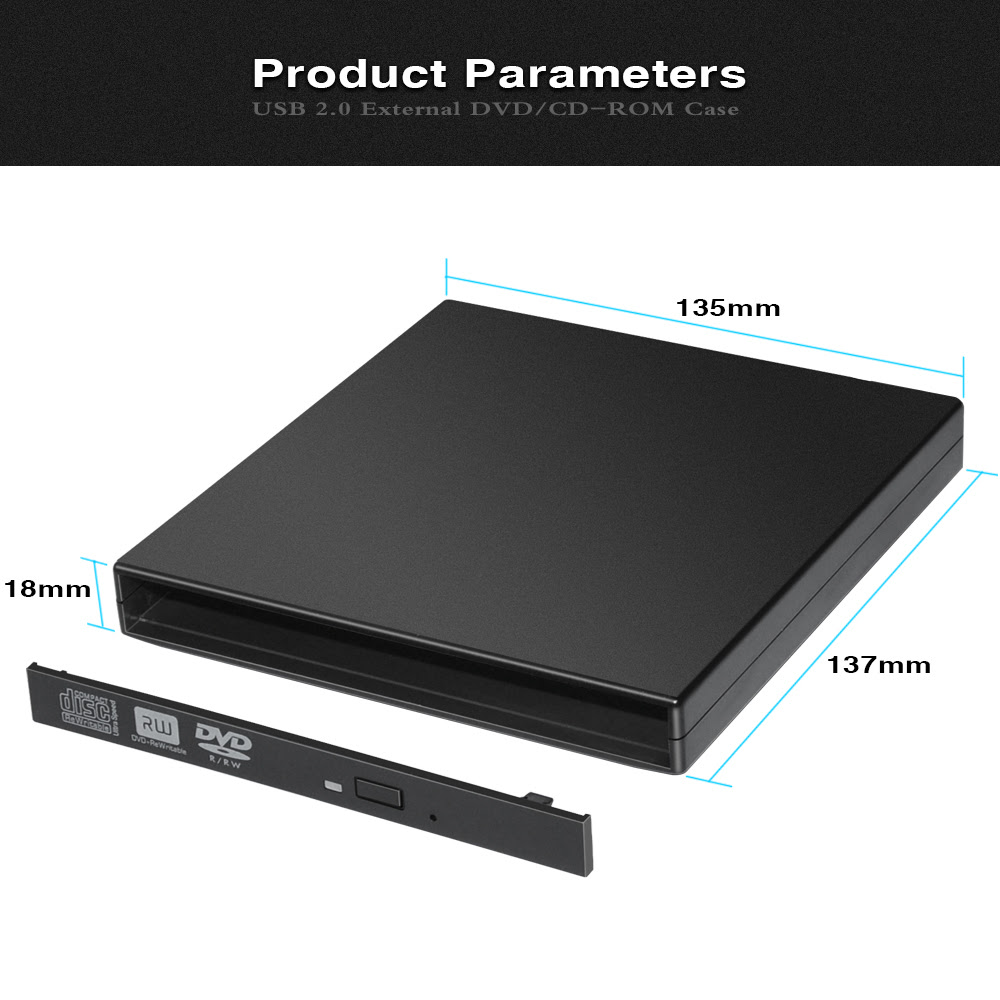 12.7mm USB 2.0 External DVD/CD-ROM Case For Laptop Desktop PC Optical ...
