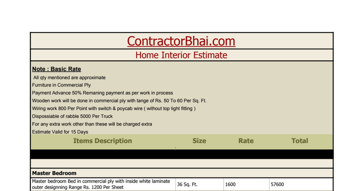 1BHK Home Interior Design Estimate - Google Sheets